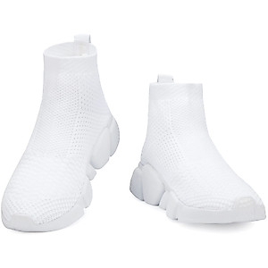 Santiro White Slip On Sneakers for Women Breathable Tennis Athletic Sock Shoes Casual High Top Running Shoes 8.5 US