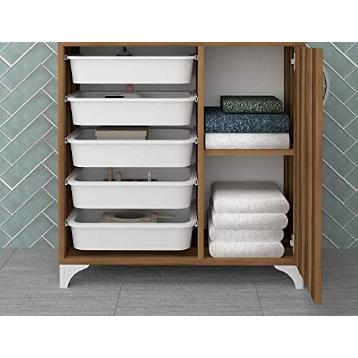 Comfyt Dresser Closet Organizer and Storage Bins Drawer Toy Storage Bathroom Office Kitchen Pantry Organizer Garage Organization Chest Shelves Shoe Cabinet Rack Bookshelf (Walnut 5 Basket with Door)