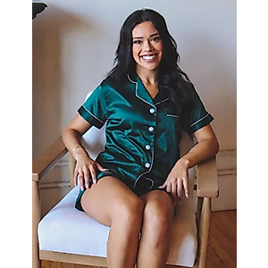 Senert Silk Satin Pajamas Set Women Two-Piece Nightwear Short Sleeve Sleepwear Soft Button Down Loungewear Pjs Set Green,XX-Large