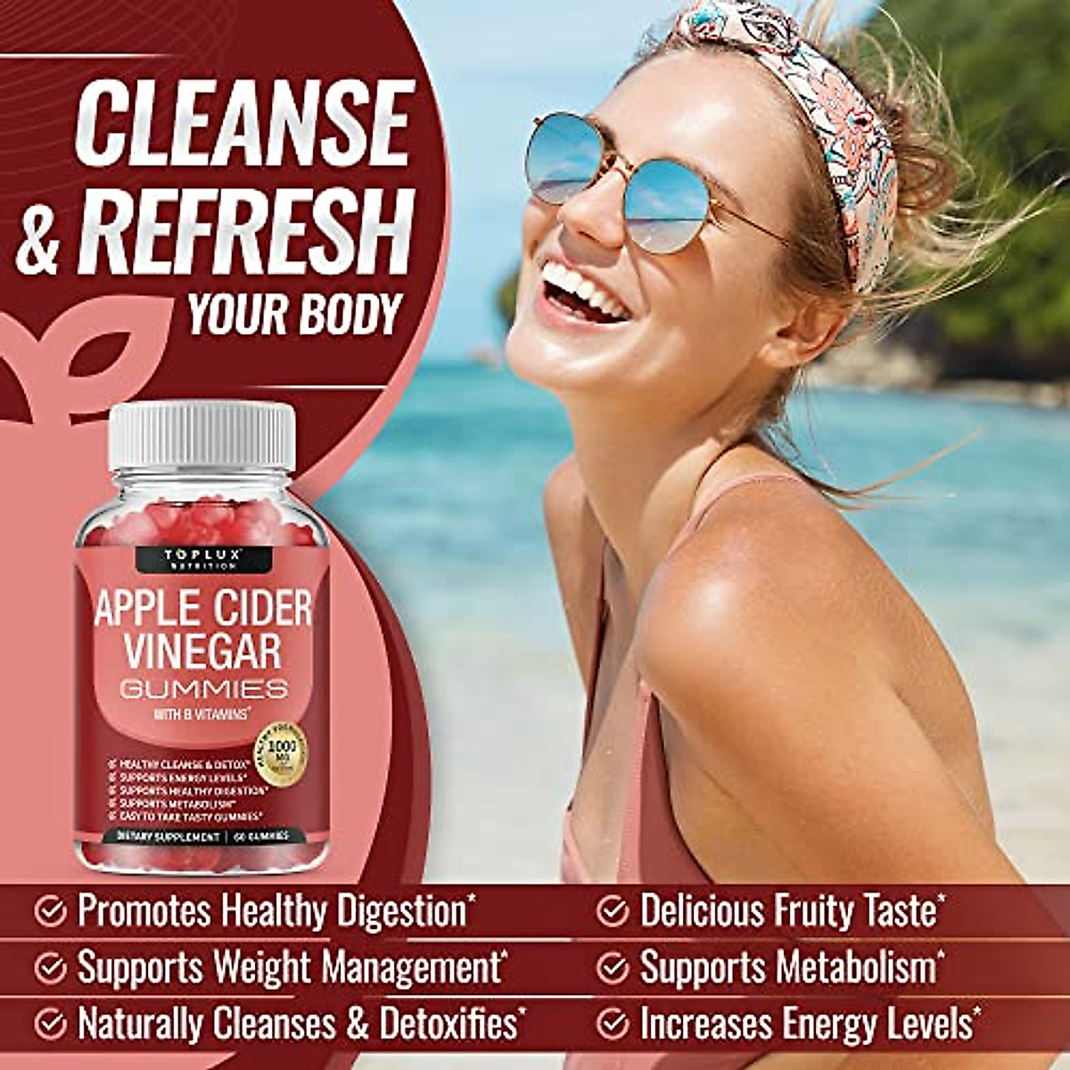 Toplux Apple Cider Vinegar Gummies - 1000mg ACV with B12, Beet Root, Pomegranate for Immune System, Detox & Cleanse, Gummy Alternative to Apple Cider Vinegar Capsules, for Men Women 2X Pack