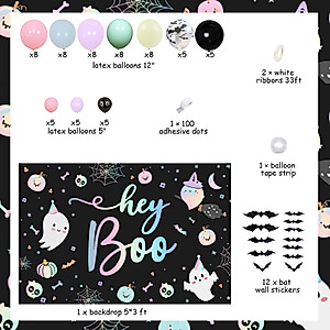 Pastel Halloween Party Decorations Halloween Balloon Garland Arch Kit with Hey Boo Backdrop Bat Wall Stickers for Halloween Baby Shower Birthday Party Supplies