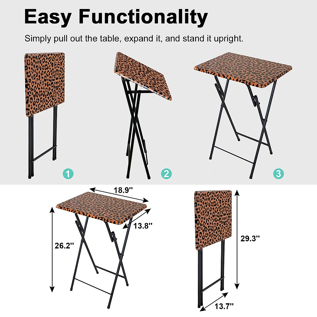 fusehome Folding TV Tray Table, TV Tray for Eating on Couch, Small Folding Table, Portable Tray Table Couch Desk, Foldable Snack Table, with Leopard Print, for Bed & Sofa, Living Room, Bedroom