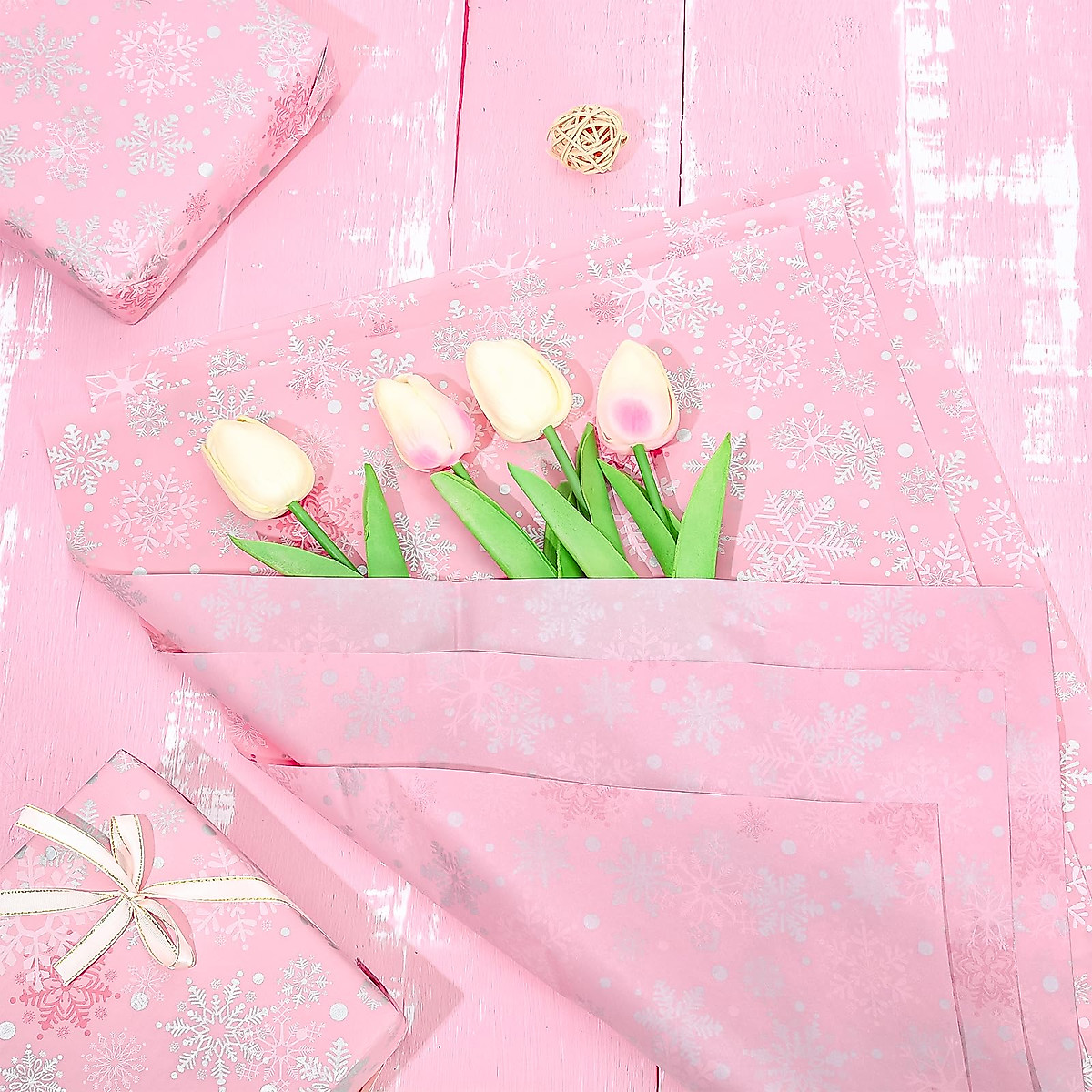 Whaline 100 Sheets Christmas Tissue Paper Pink Winter Snowflake Gift Wrapping Paper Pink Snow Flakes Art Craft Gift Wrap Paper for Winter Xmas New Year Baby Shower Wedding Decor, 13.7 x 19.6 Inch