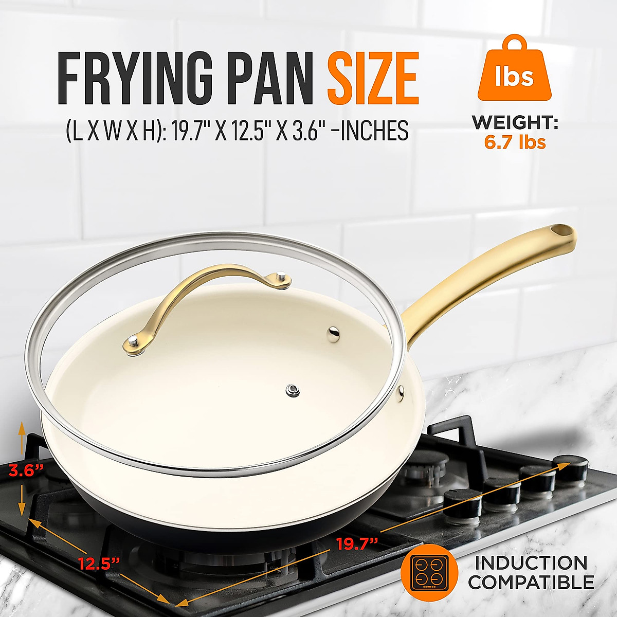 NutriChef 12-Inch Professional Ceramic Frying Pan With Lid - Large Skillet with Golden Titanium Handle, Non-Stick Ceramic Coating, Stain-Resistant, Easy to Clean, Ideal for Home Cooking