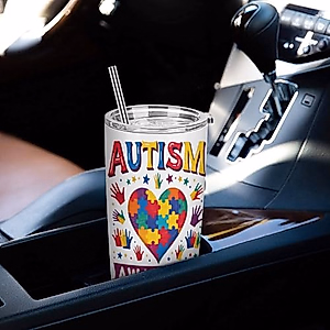 Autism Awareness Heart 20 OZ Stainless Steel Tumbler Travel Car Coffee Mug with Straw Lid Cleaning Brush Coffee Tumbler Mug for Women Men