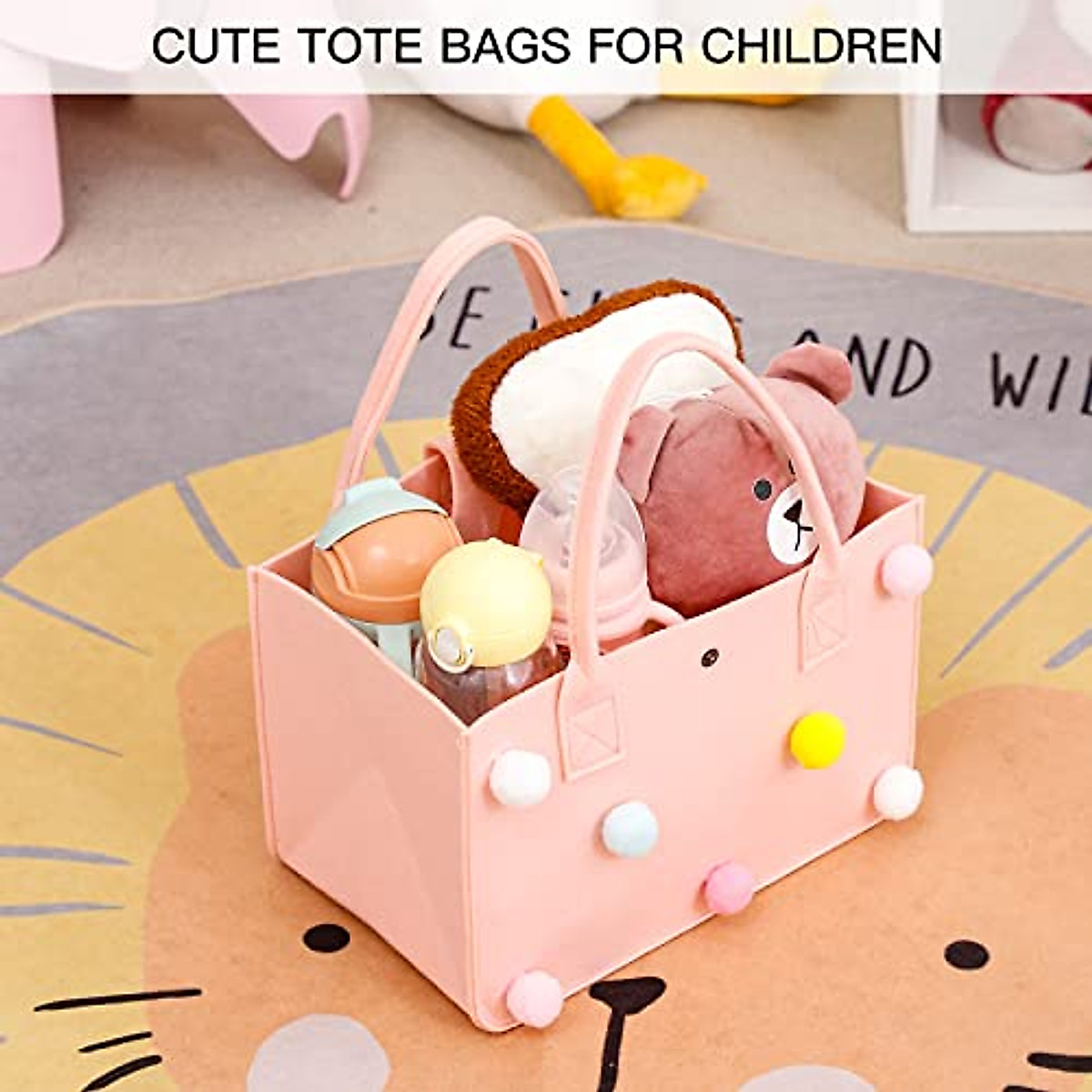 Yesesion 2 Pack Felt Storage Basket with Handle,Collapsible Baby Diaper Caddy Organizer, Portable Nursery Storage Bin for Bottles, Closet, Toys, Cute Tote Bags for Kids/Women (Medium-Pink/Yellow)