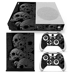 Whole Body Protective Vinyl Skin Decal Cover for Microsoft Xbox One Slim Console, Xbox One S Skins Wrap Sticker with Two Free Wireless Controller Decals - Black Skull
