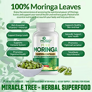 MOGO Organic Moringa Powder Capsules,180 Ct | Moringa Supplement for Energy, Immunity & Joint Health, Our Moringa Capsule Made with Pure Moringa Powder Organic,Vegan and Non GMO.