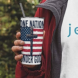 One Nation Under God Cross 20 OZ Stainless Steel Tumbler Travel Car Coffee Mug with Straw Lid Cleaning Brush Coffee Tumbler Mug for Women Men