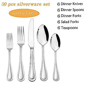 30-Piece Silverware Set, HaWare Stainless Steel Flatware Service for 6, Pearled Edge Tableware Cutlery Include Knife/Fork/Spoon, Beading Eating Utensil for Home, Mirror Polished, Dishwasher Safe