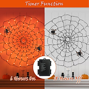 96 LED Halloween Spider Web Lights with Timer, 8 Modes Waterproof Light up Cobweb with Black Spider & DIY Cotton Net Battery Operated Halloween Decorations for Indoor Ourdoor Garden Yard Patio-Orange