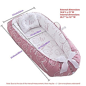 Vohunt Baby Lounger for Newborn,100% Cotton Co-Sleeper for Baby in Bed with Handles,Soft Newborn Lounger Adjustable Size & Strong Zipper Lengthen Space to 3 Tears Old(Elephant Pink)