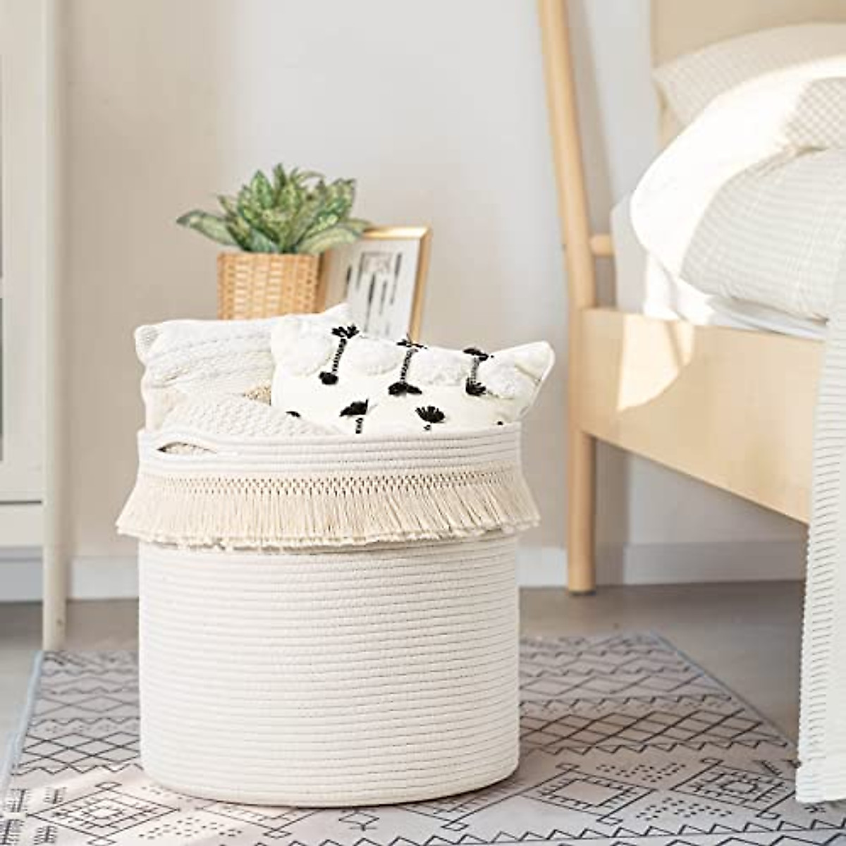 CherryNow Woven Storage Basket Boho Round Basket with Macrame Tassel Large Decorative Rope Basket in Living Room, Bathroom Cute Baby Basket for Toy, Towel, Diaper, 15" x14.2'', White