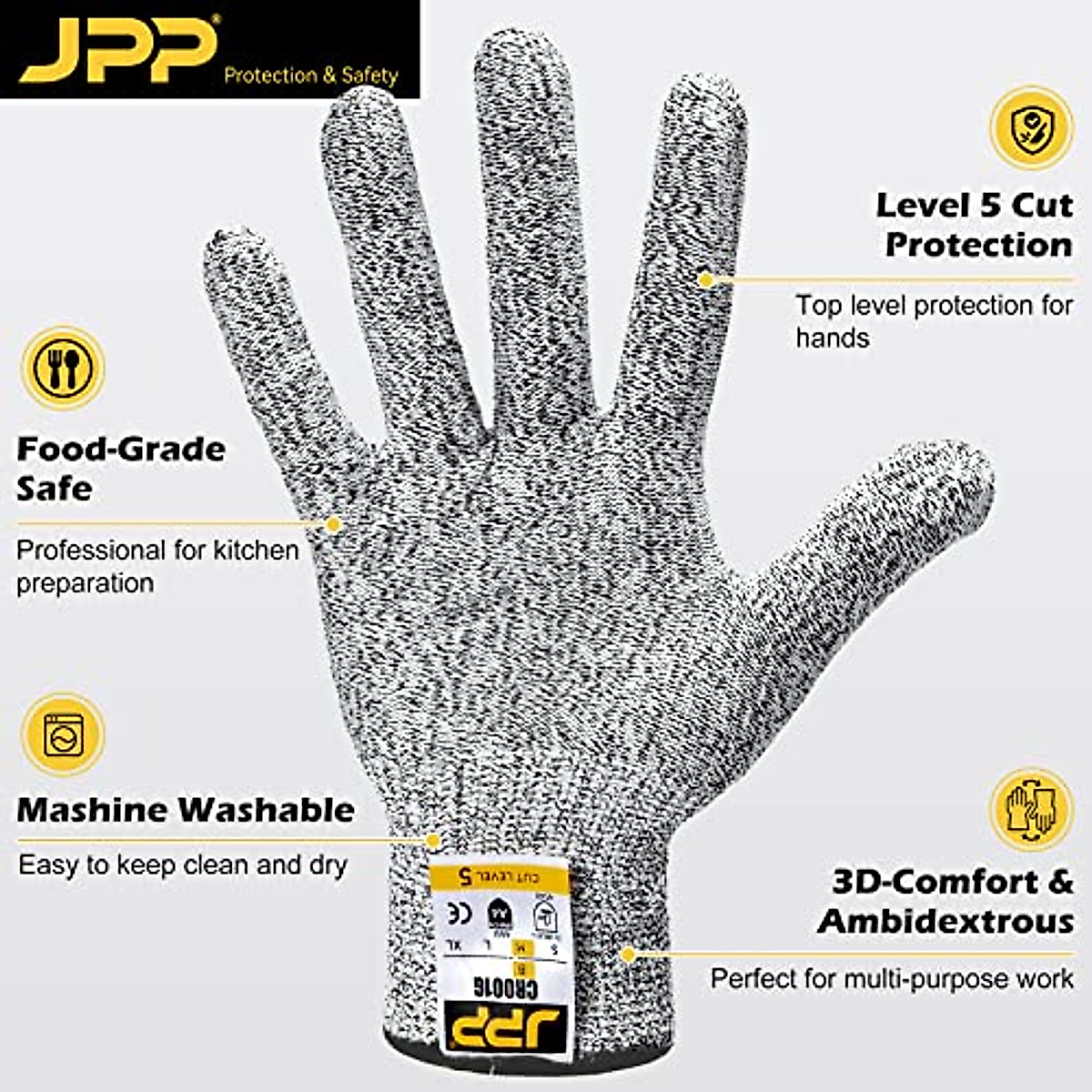 JPP Premium Cut Resistant Gloves, Cutting Proof CE Level 5 Protection, Food Grade Safe, Ambidextrous, 3D-Comfort Fit, Machine Washable, Dexterity, Lightweight, 1 Pair, Size 8, Medium