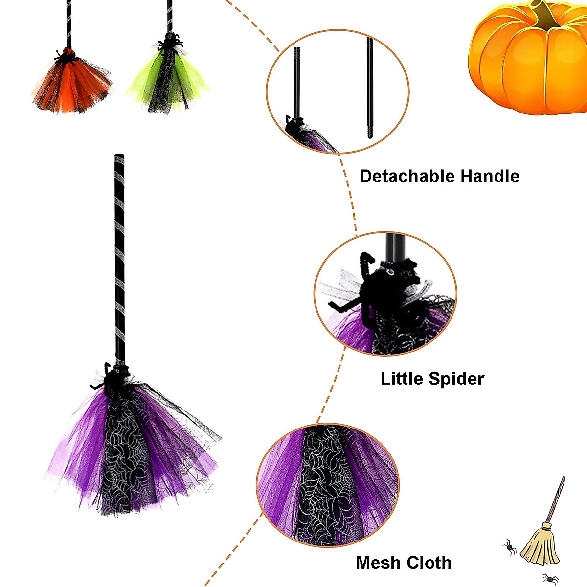 Halloween Witch Broom Plastic Witch Broomstick with Detachable Handle, Halloween Cosplay Costume Props, Halloween Masquerade Dress Up Costume Decoration, Witch Flying Broomstick (Orange)