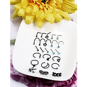 Tkzndnm 20g 20 Gauge Black Nose Rings Studs Hoops Piercings Para La Nariz Jewelry for Women Hypoallergenic Surgical Stainless Silver Steel Straight Pin Corkscrew Screw l Shaped Shape Bars