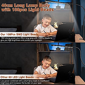 Aedcbaide Desk Lamp for Home Office 108PCS LED Desk Lamp 40CM Head Flexible Gooseneck Desk Light, Eye-Caring Touch Control, 3 Color Modes Stepless Dimmable Brightness Clamp Lamp for Reading Study