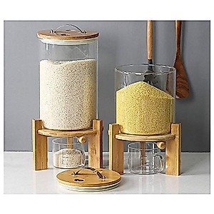 Flour and Cereal Container, Rice Dispenser 5L/8L, Creative Glass Food Storge Container for Kitchen Organization and Pantry Store, Airtight Lid and Wooden Stand5L