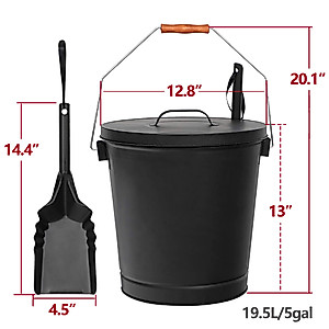 JupiterForce Ash Bucket with Lid and Shovel, 5.15 Gallon Large Galvanized Metal Hot Coal Wood Ash Carrier Pail for Fireplace, Fire Pits, Wood Burning Stoves, Grill, Outdoor Camping, Black