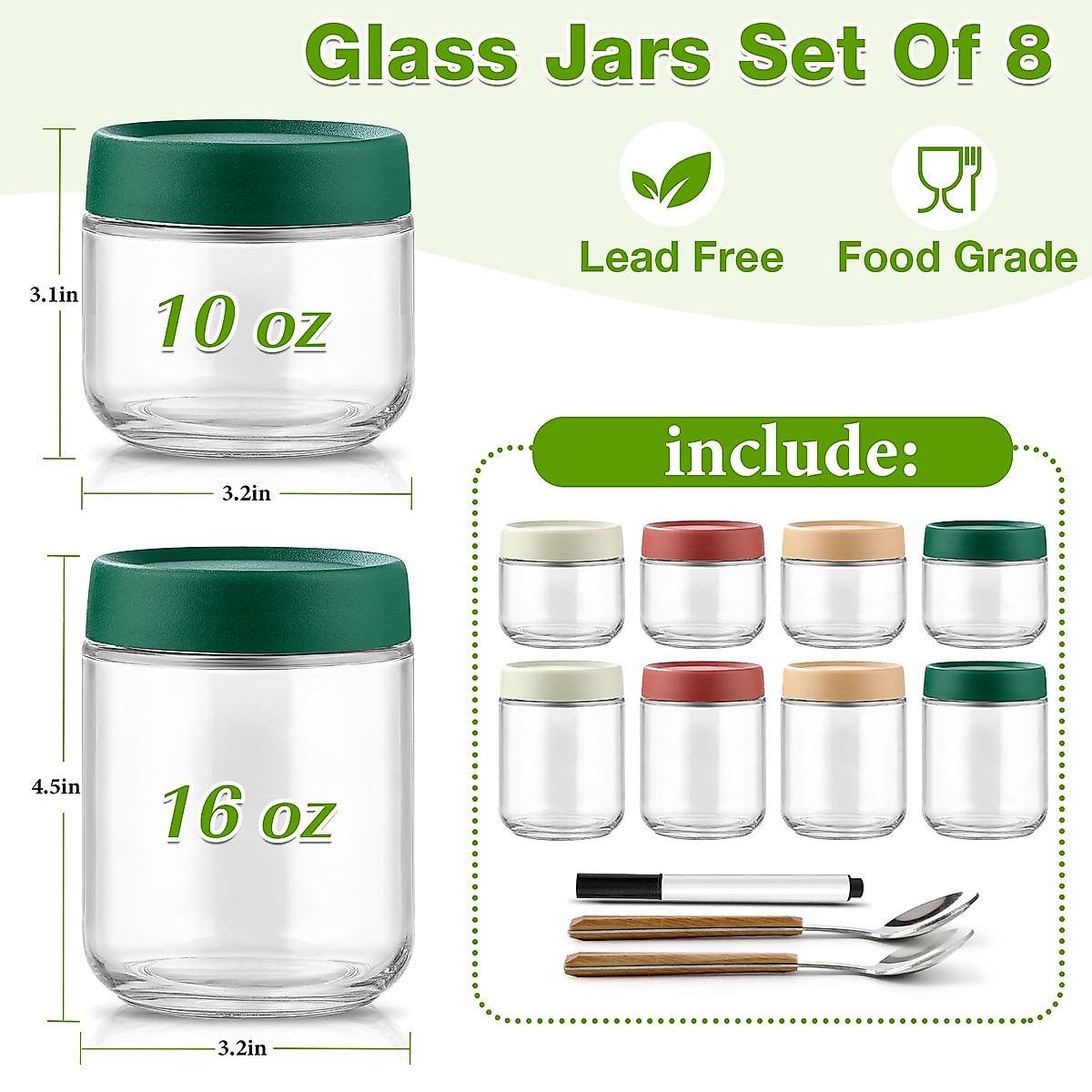 Qipecedm 8 Pack Overnight Oats Containers with Lids, Large & Small Glass Mason Jars 16oz & 10 oz, Breakfast Oatmeal Container to Go, Salad Meal Prep Jars for Food Storage, Mush Chia Seed Pudding Jars