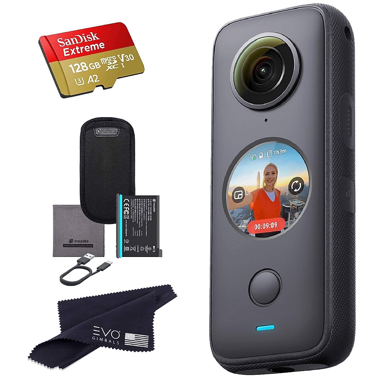 Insta360 ONE X2 360 Camera with Touchscreen - 5.7K30 360 Video, Front Steady Cam Mode, 18MP 360 Photo + InstaPano | Bundle Includes 128GB Memory Card (2 Items)