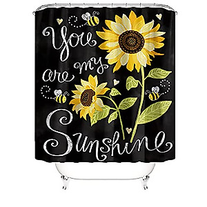 Sunflower 4PCS Shower Curtain Sets with Non-Slip Rugs, Toilet Lid Cover and Bath Mat, Durable Waterproof Shower Curtains with 12 Hooks (Sunflower2p)