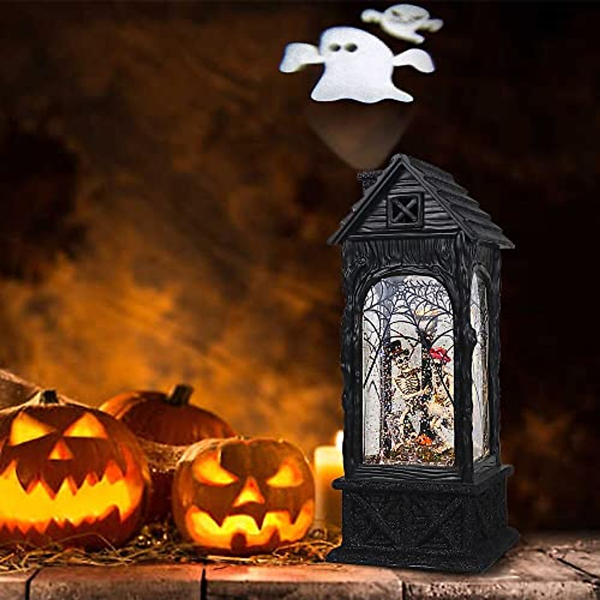 Eldnacele Halloween Ghost Projection Snow Globe Lantern with 6-Hour Timer, Lighted Plug-in & Battery Operated Water Glittering Snowing Globe Lantern for Spooky Fall Halloween Festival Party Decoration