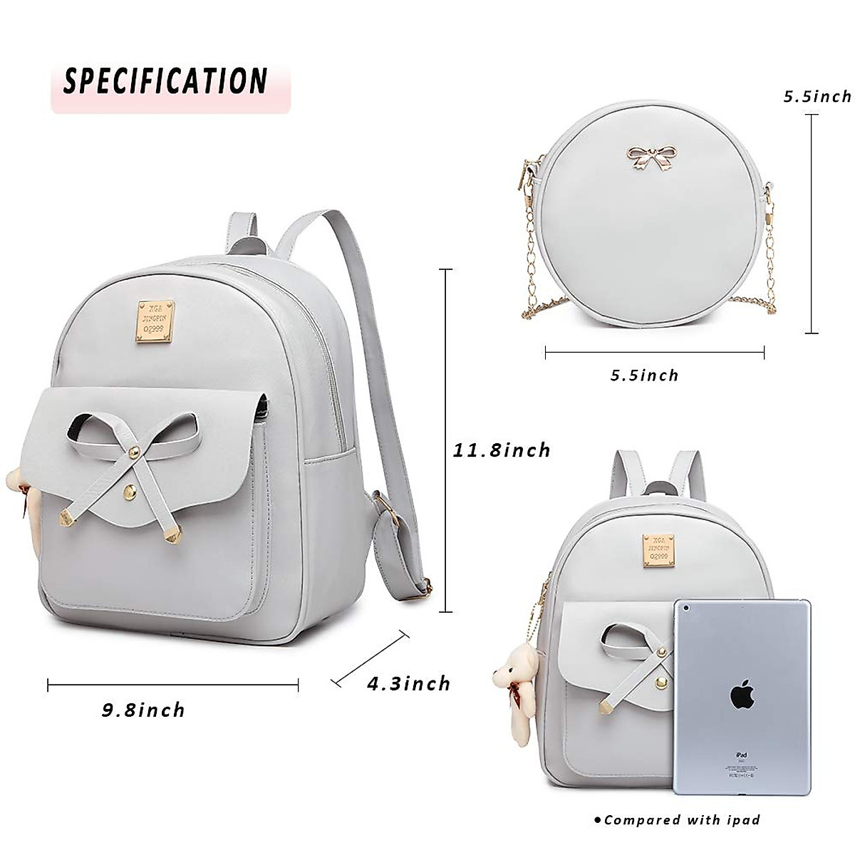 MACCINELO Cute Leather Mini Backpack Purse for Women Bowknot Small Backpack Purse for Girls Rucksack for Ladies Shoulder Bag for gift 3pcs