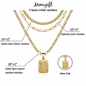 Memgift 3pcs Gold Layering Necklace Set Dainty Trendy Paperclip Snake Choker Gold Filled Stainless Steel Figaro Chain Layered Necklaces Jewelry Gifts Square Pendant Letter A