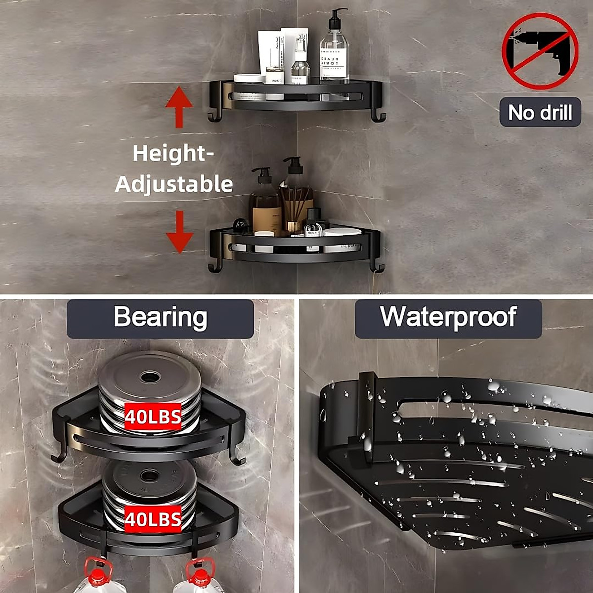 DOIAESKV 2 Pack Corner Shower Caddy with Hooks,No Drilling Aluminium Shower Organizer for Bathroom&Kitchen,Secure with Nail-free Glue,Rustproof Shower Rack Basket,Storage Accessories (Gunmetal)