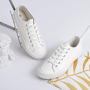 Waluzs Women's White PU Leather Sneakers Low Top Tennis Shoes Lace up Casual Sneakers Walking Shoes, US11