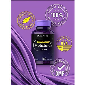 Melatonin 12 mg | 180 Softgel Capsules | Adult Extra Strength Support Supplement | Non-GMO, Gluten Free | by Carlyle