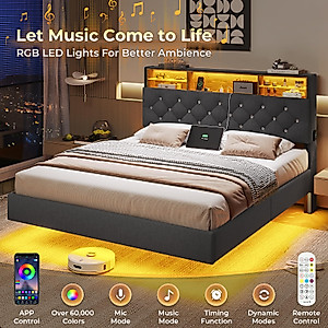 ADORNEVE Queen Floating Bed Frame with Storage Headboard and RGB LED Lights, Linen Upholstered Platform Floating Bed with USB-C/A Charging Station,Innovative Stable Structure,Dark Gray