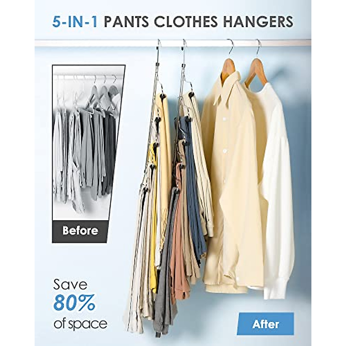 CINKSY Pants Jeans Hangers Space Saving 5 Layers Clothes Hangers with Non-Slip Foam Padded Swing Arm Trousers Hangers Heavy Duty Multi-Layer Pants Rack for Slacks Scarf - 2 Pack