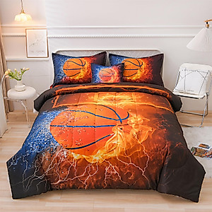 A Nice Night Basketball Print,with Fire and Ice Pattern,Comforter Quilt Set 6PCS Bedding Sets, for Boys Kids Teen (Basketball, Twin)