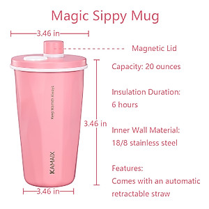 Reginsnow 20oz Insulated Coffee Mug with Lid, Double Wall Stainless Steel Vacuum Insulated Tumbler Cup, Travel Coffee Cup Thermal Cup for Home and Office, Outdoor & Car - Pink