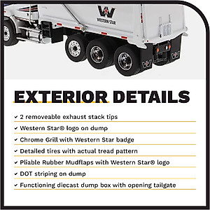 Diecast Masters Western Star 4700 SB Dump Truck - White | Real Truck Specifications, Tandem with Lift Axle and Dump | 1:50 Scale Model Semi Trucks | Diecast Model 71034