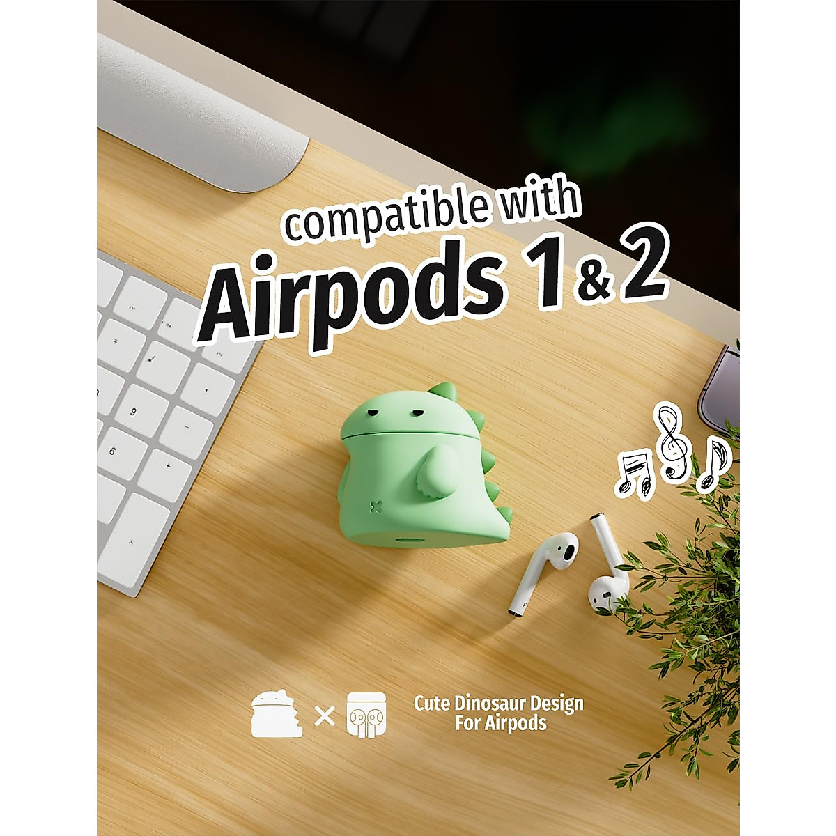 ELETIUO Case Compatible with Apple Airpods 1st&2nd Generation, Unique Soft Silicone Skin Charging Case Cartoon Cute Dinosaur Design Protective Cover for Girls Kids and Women Men,Green