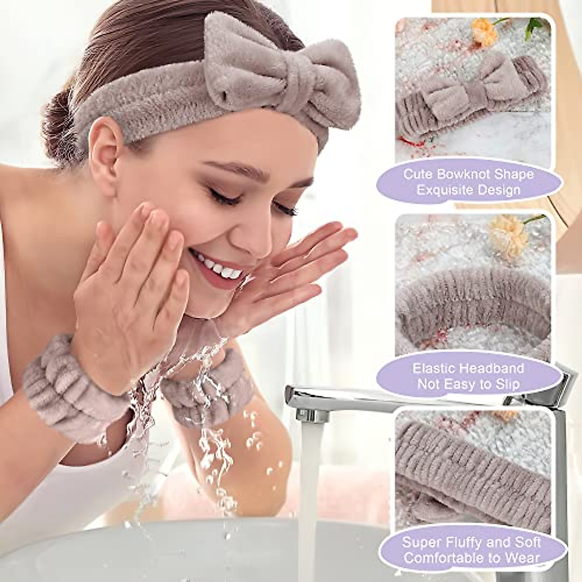Crosize Face Wash Headband and Wristband Set for Women, 7 Pack, Pink, White, Brown, Microfiber, Ideal for Makeup, Face Wash, Doing a Mask, Exercise, Showering