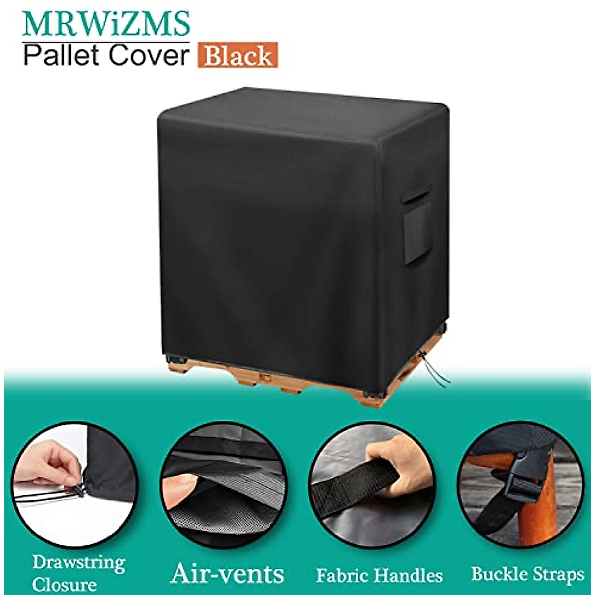 MRWiZMS 600D Heavy Duty Black Pallet Cover | Pallet Covers Fits Large Pallets Up to 48" x 60" x 48" | Waterproof,Weather Resistant, Rip-Proof, Anti-UV, Fade Resistant, with Adjustable Velcro Strap