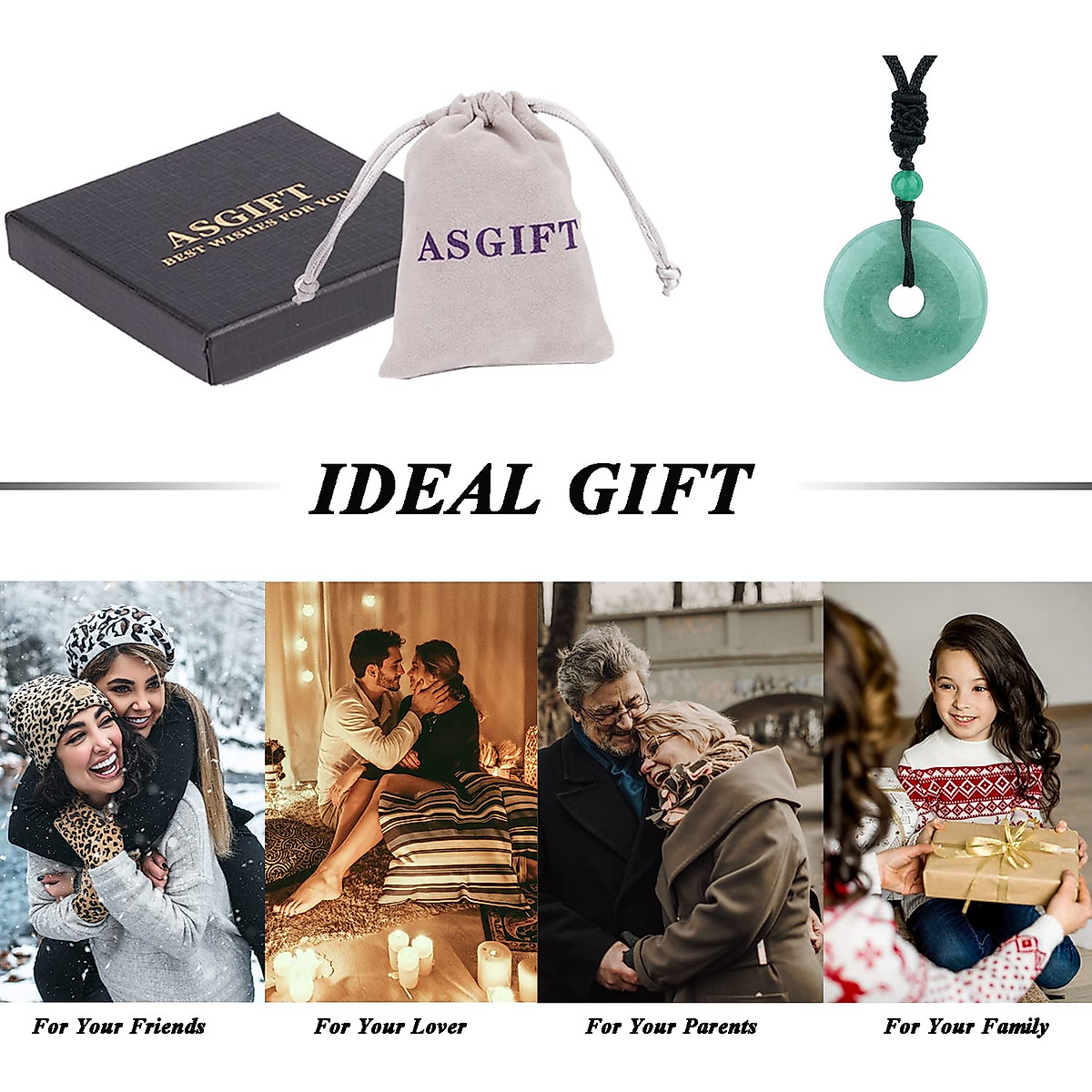 ASGIFT Green Aventurine Crystal Necklace Jade Circle Donut Protection Pendant with Adjustable Rope Healing Stone 30mm Round Lucky Coin Necklace Jewelry Gifts for Men Women