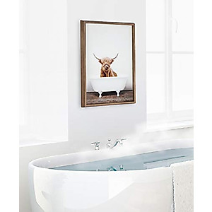 Kate and Laurel Blake Highland Cow in Tub Framed Printed Glass Art by Amy Peterson, 18x24 Dark Gold, Beautiful Modern Glass Wall Art for Home