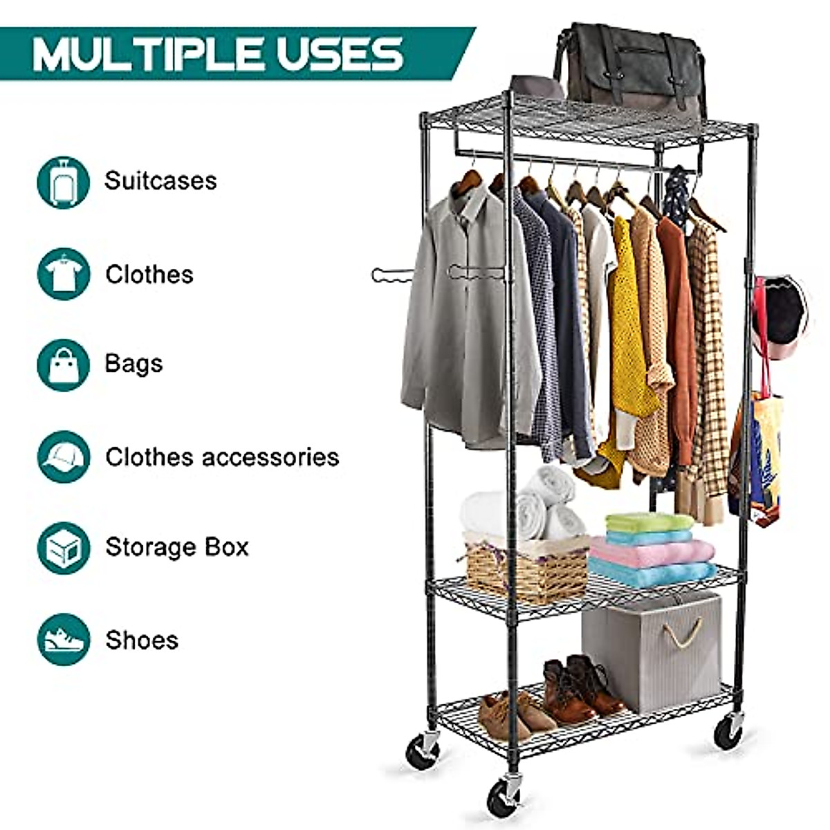 WDT Rolling Garment Rack with Wheels, Large Heavy Duty Clothing Rack with 3 Tier Shelves, Adjustable Metal Garment Closet Organizer Rack for Hanging Clothes, 35"L x 18"W x 74.4"H