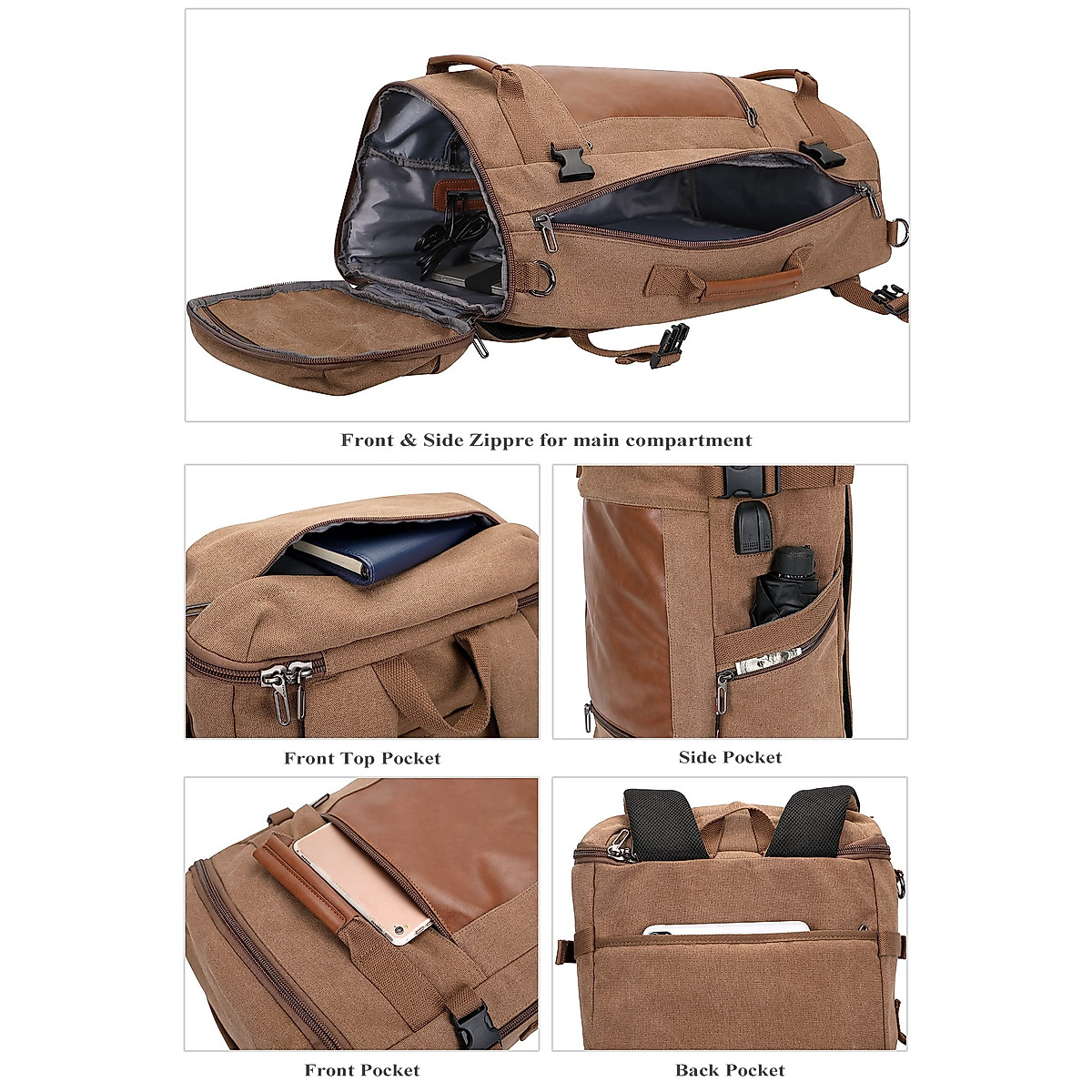 WITZMAN Travel Backpack with USB Charging Port Large Carry On Canvas Backpack Duffel Luggage Fit 17 inch Laptop for Men Women (2063 Brown)