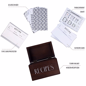 Walnut Recipe Box with Cards and Dividers by Apace - Vintage Style Wood 4x6 Recipe Holder Card Box - Exclusively from the Apace Living Premier Collection - Fits 240 Cards