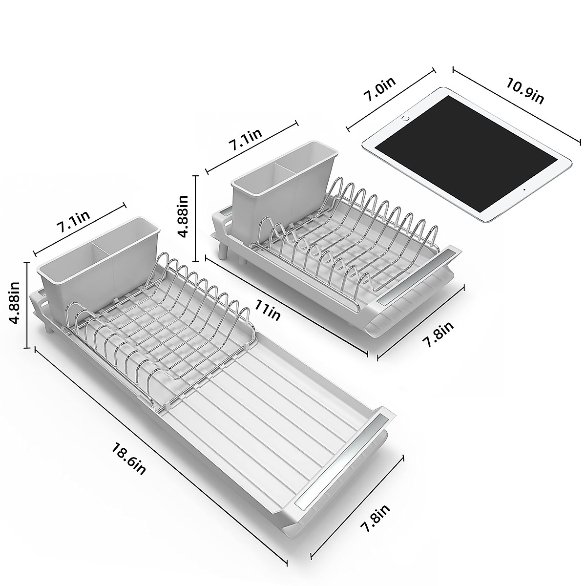 PETXPERT Dish Drying Rack, Expandable Dish Rack for Kitchen Counter with Utensil Holder, Stainless Steel Small Dish Drainer Organizer with Drainboard for Kitchen in Sink (Grey)