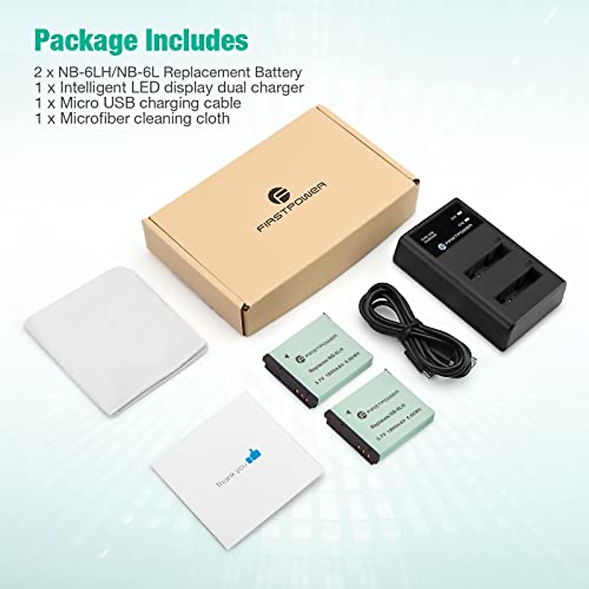 FirstPower 2 Pack NB-6LH NB-6L Batteries and Dual USB Charger Compatible with Canon Powershot S120, SX510 HS, SX280 HS, SX500 is, SX700, D20, S90, D30, ELPH 500, SX270, SX240, SX520