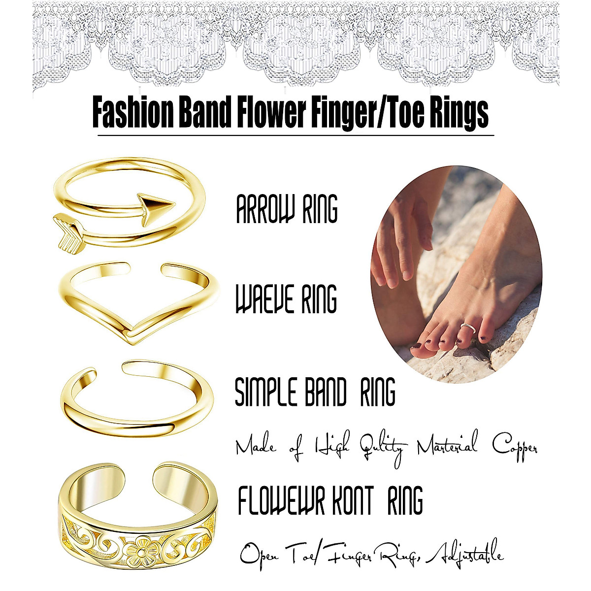 FIBO STEEL 10 Pcs Open Toe Rings for Women Vintage Retro Wave Flower Celtic Knot Arrow Tail Band Toe Ring Adjustable Gold-tone