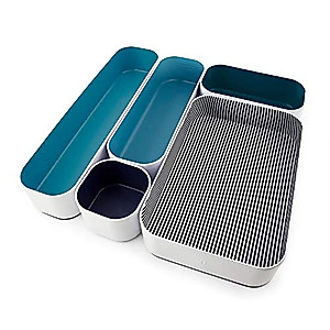 Three by Three Seattle 5 Piece Metal Organizer Tray Set for Storing Makeup, Stationery, Utensils, and More in Office Desk, Kitchen and Bathroom Drawers (2 Inch, Assorted Blue and Stripes)