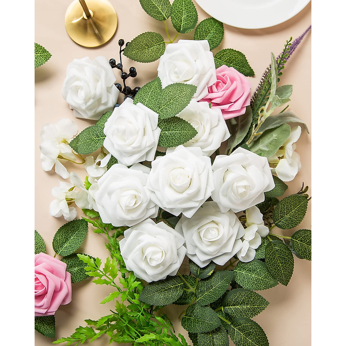 DuHouse 25Pcs Artificial Roses Flowers Fake Roses with Stems Real Touch Foam Flowers for DIY Wedding Bouquet Baby Shower Centerpiece Floral Arrangement Party Home Decor(White)